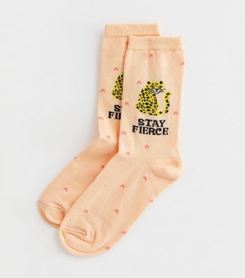 Coral Stay Fierce Logo Leopard Print Socks | New Look