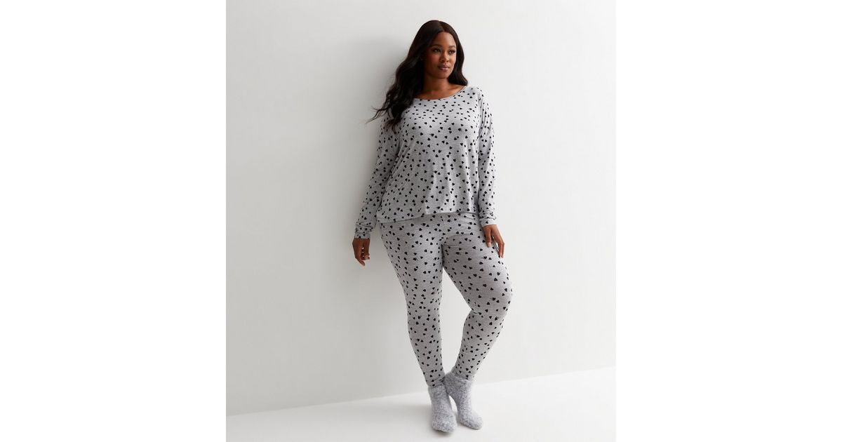 Curves Pale Grey Leggings Pyjama Set with Heart Print | New Look