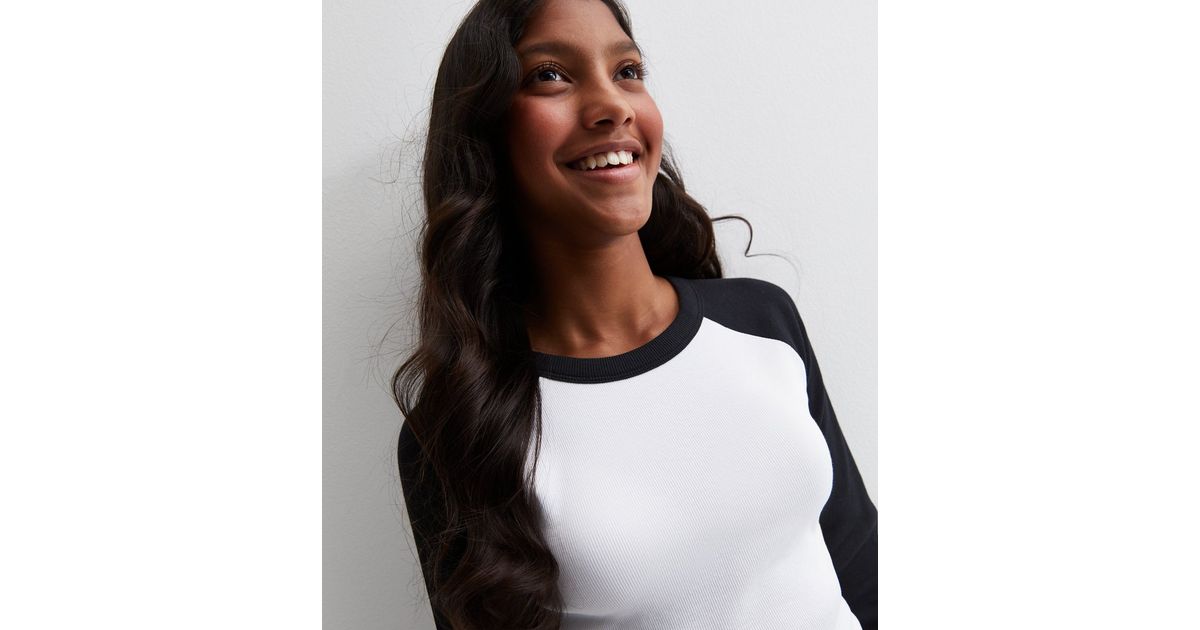 Girls Black Ribbed Raglan Long Sleeve Top | New Look