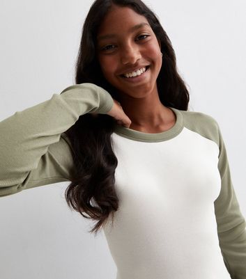 Girls Olive Ribbed Raglan Long Sleeve Top | New Look