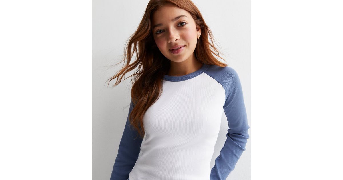 Girls Bright Blue Ribbed Raglan Long Sleeve Top | New Look