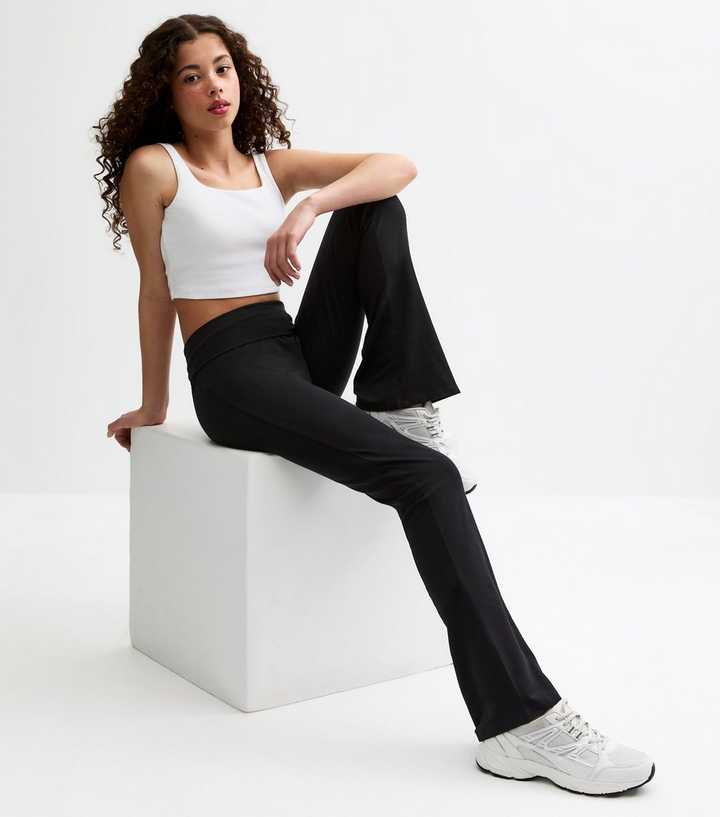 Girls Black High Fold Over Waist Flared Trousers | New Look