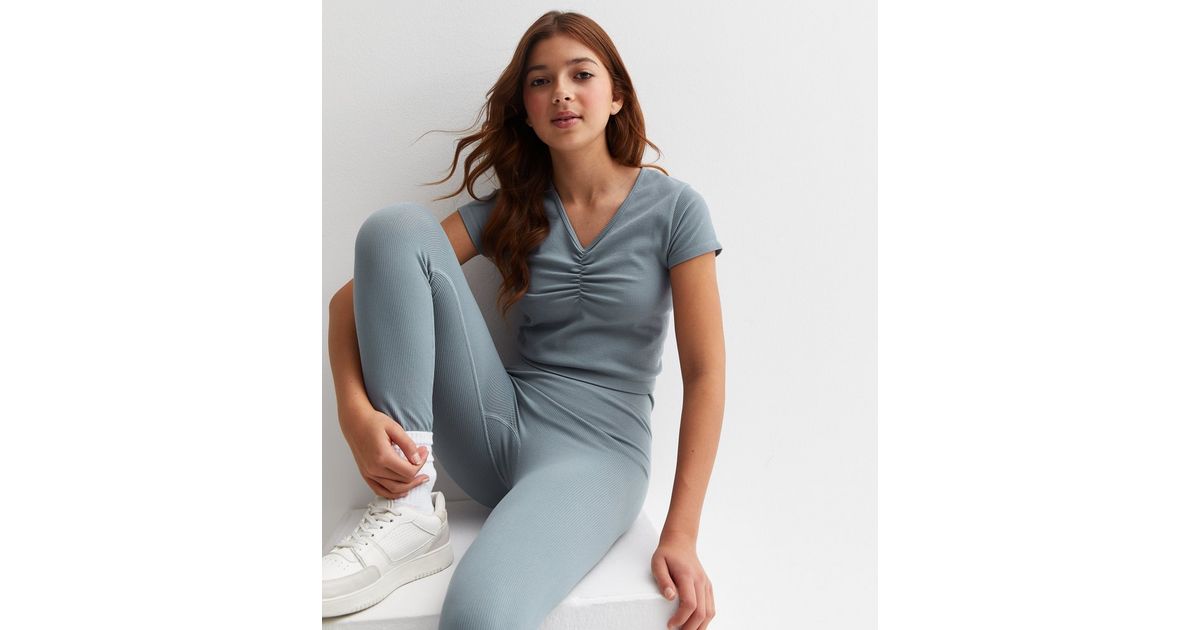Girls Blue Ribbed V Neck Ruched Sports Top | New Look