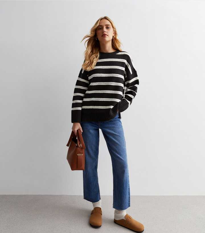 Black Stripe Mesh Stitch Knit Jumper | New Look