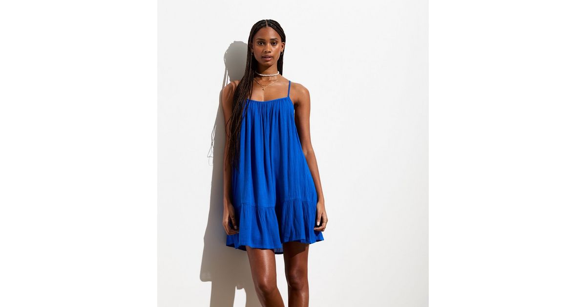 Bright Blue Textured Strappy Tiered Hem Mini Dress | New Look
