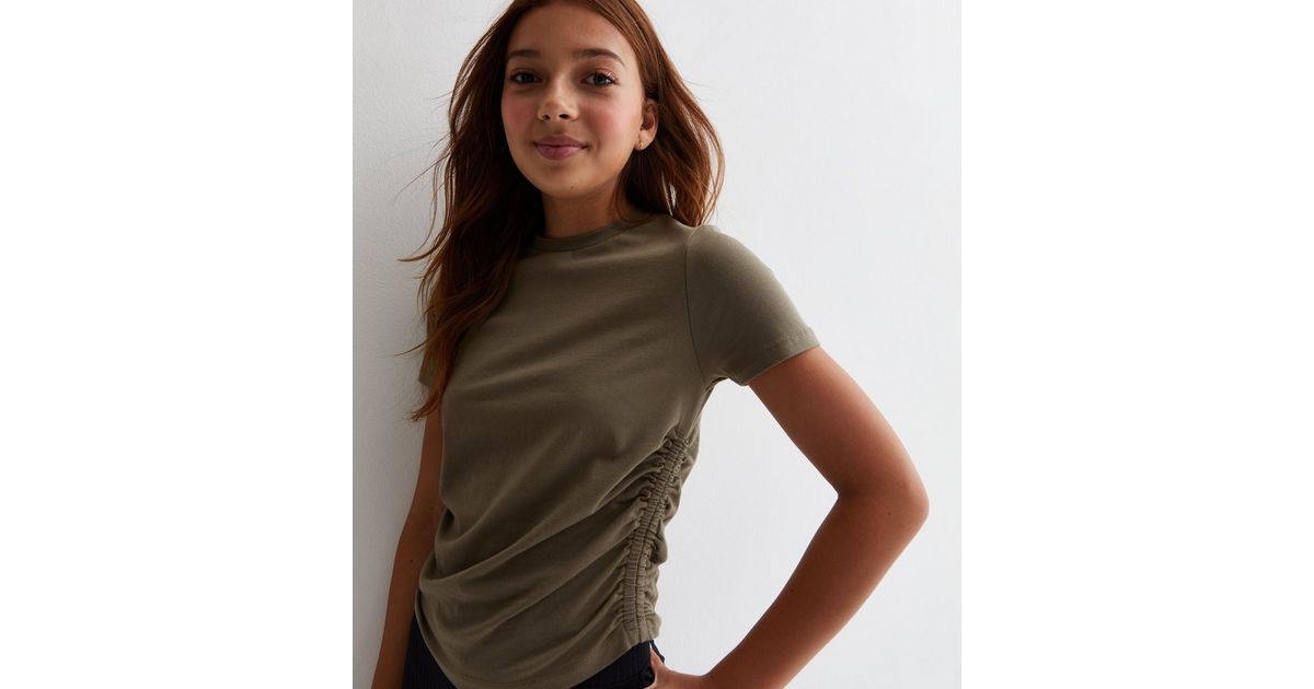 Girls Olive Ruched Side T-Shirt | New Look