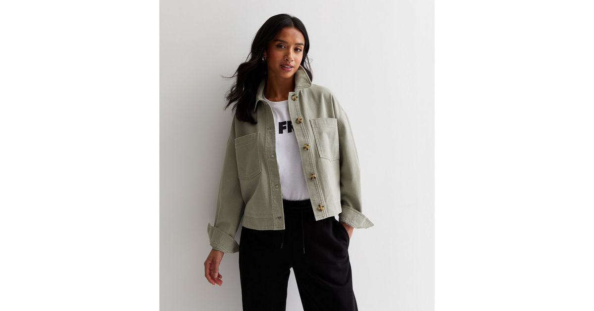 Petite Sage Cotton Cropped Shacket | New Look