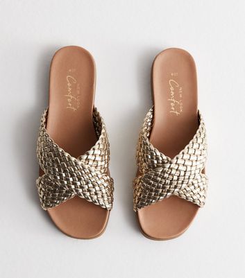 Wide Fit Gold Woven Cross Strap Mule Sliders | New Look
