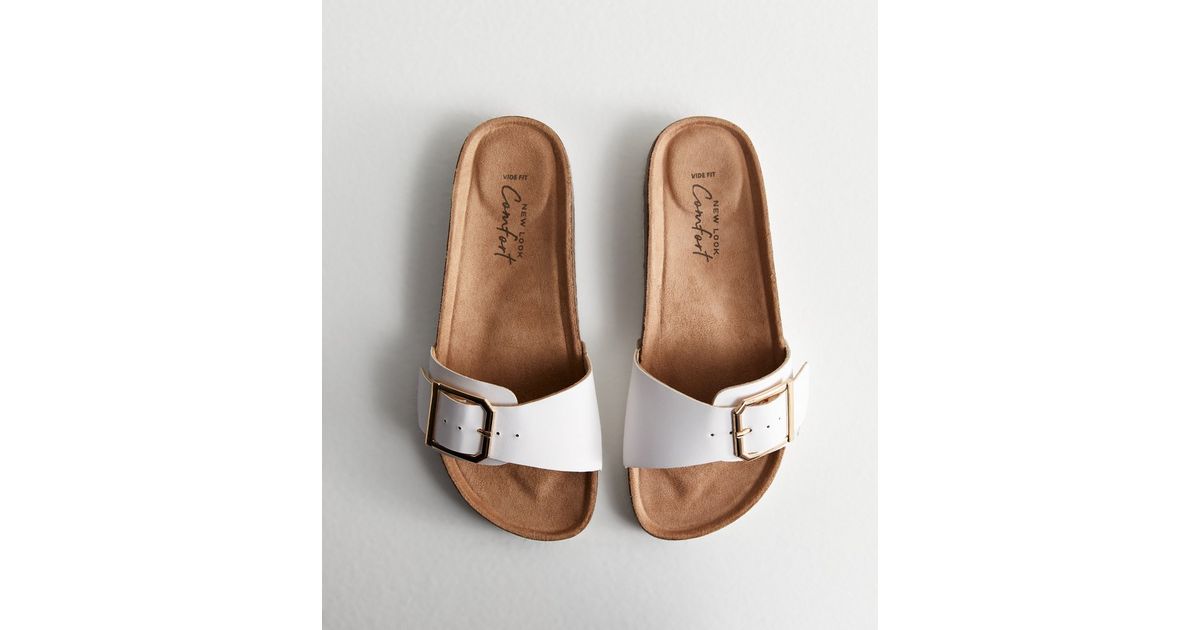 Wide Fit White Leather-Look Buckle Sliders | New Look