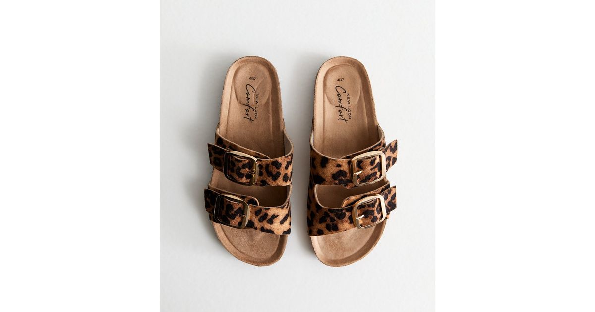 Leopard-Print Suedette Buckle-Strap Sliders | New Look