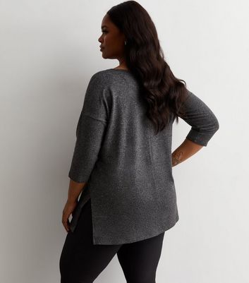 Curves Dark Grey Fine Knit V Neck Top | New Look
