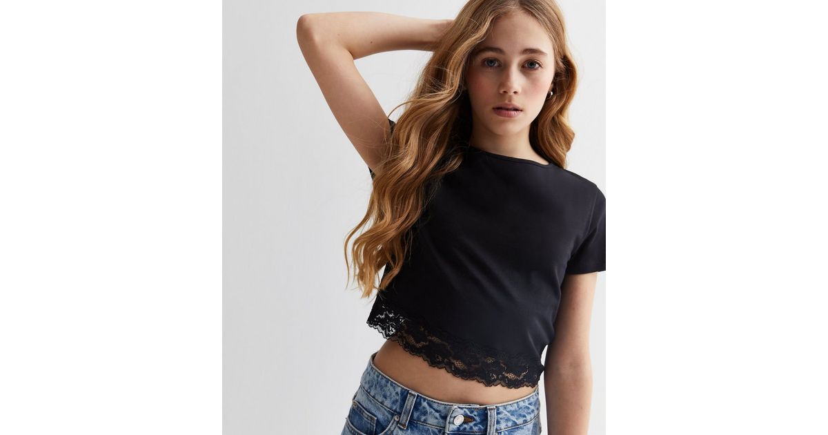 Girls Black Lace Hem Top | New Look