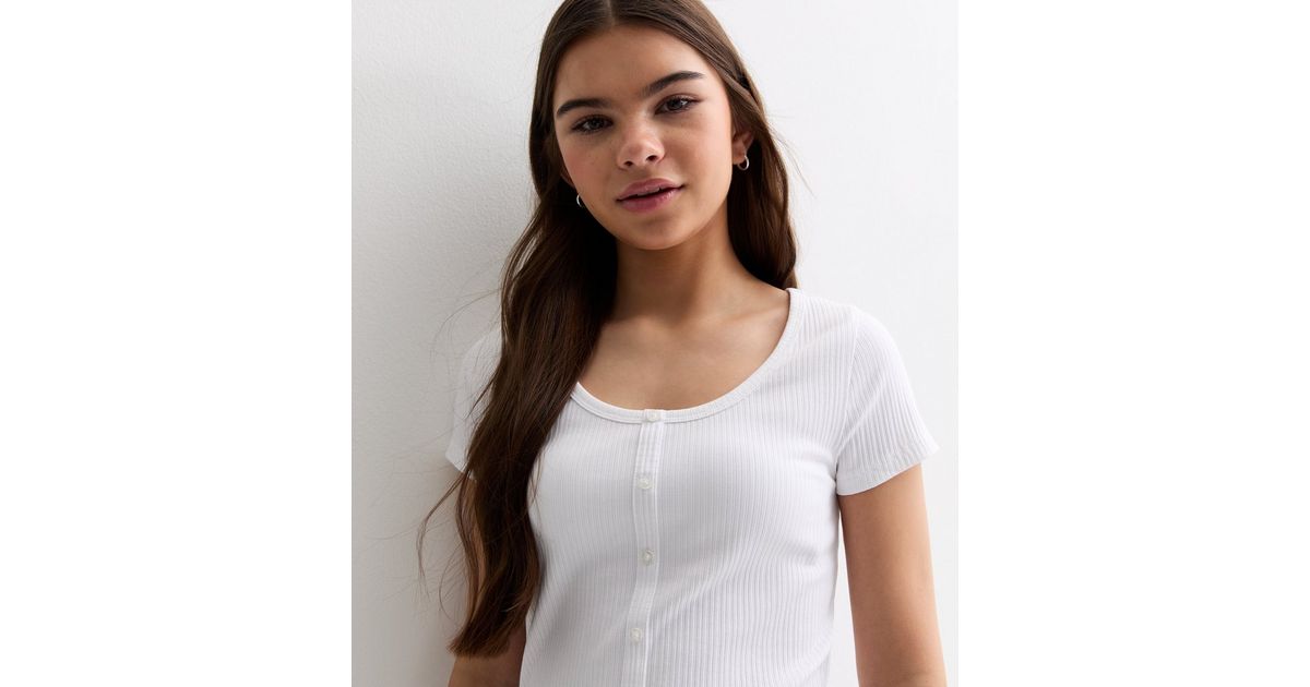 Girls White Ribbed Scoop Neck Button Front Top | New Look