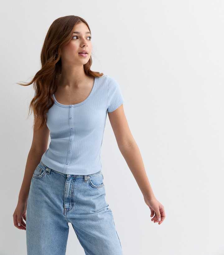 Girls Blue Ribbed Scoop Neck Button Front Top | New Look