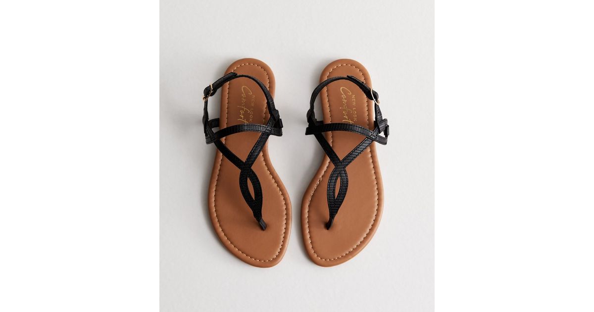 Black Leather-Look Twist Toe Post Sandals | New Look