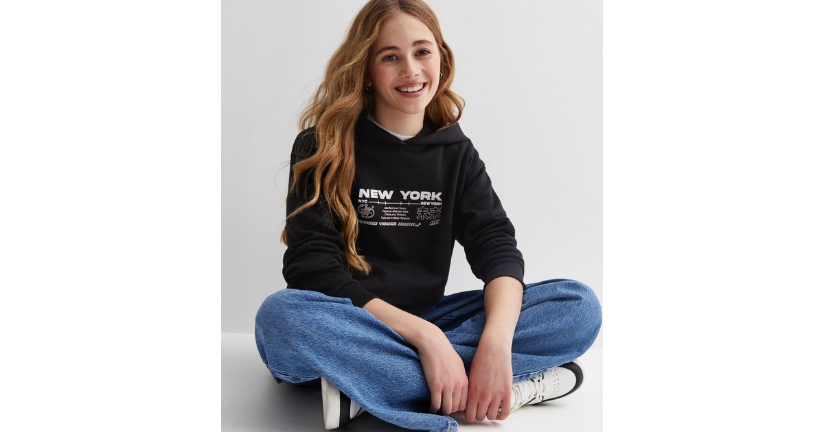 Girls Black New York Logo Longline Hoodie | New Look