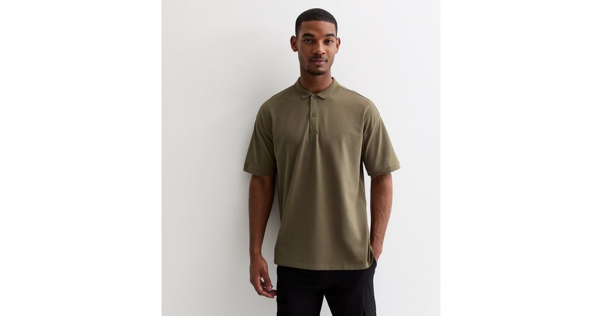 Khaki Piqué Cotton Oversized Polo Shirt | New Look