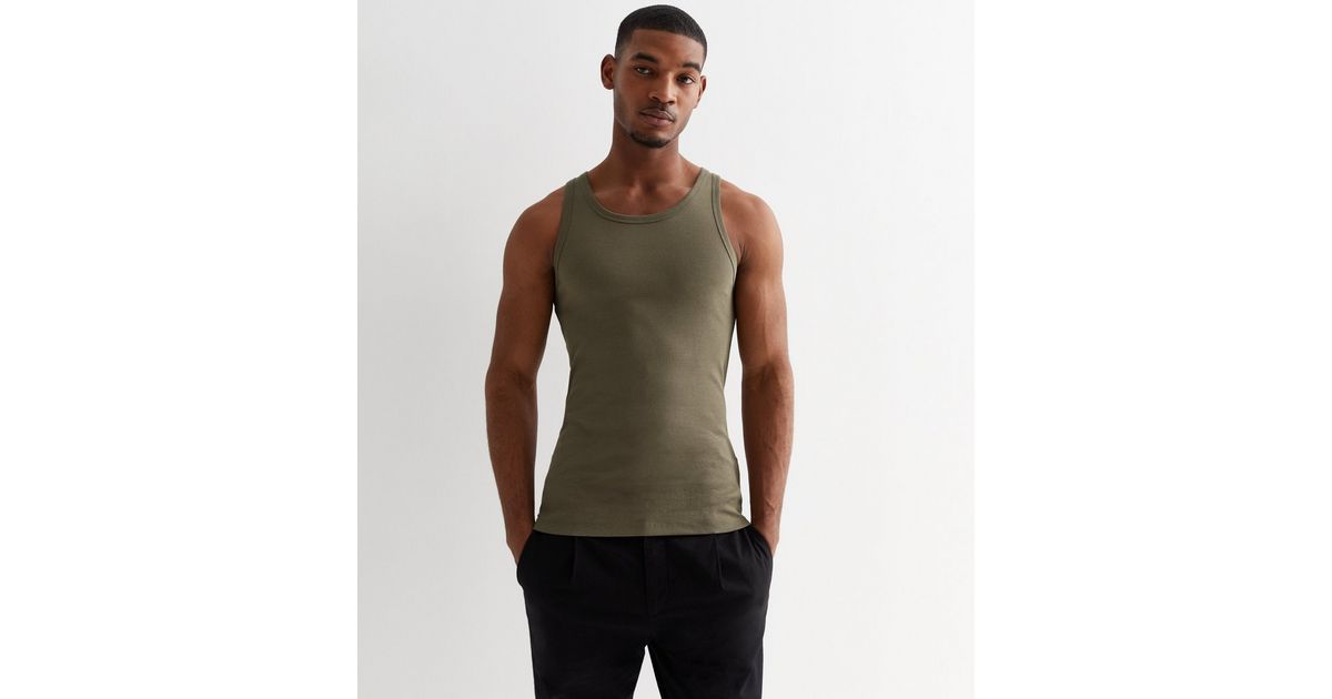 Khaki Ribbed Jersey Muscle Fit Vest | New Look