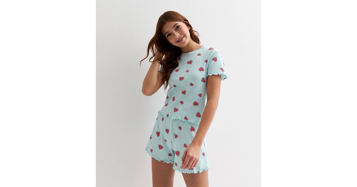 Girls Pale Blue Cotton Watermelon Heart Print Short Pyjamas | New Look