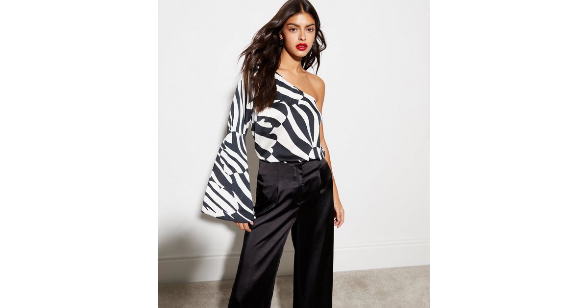 Black Zebra Print Satin One Shoulder Top | New Look