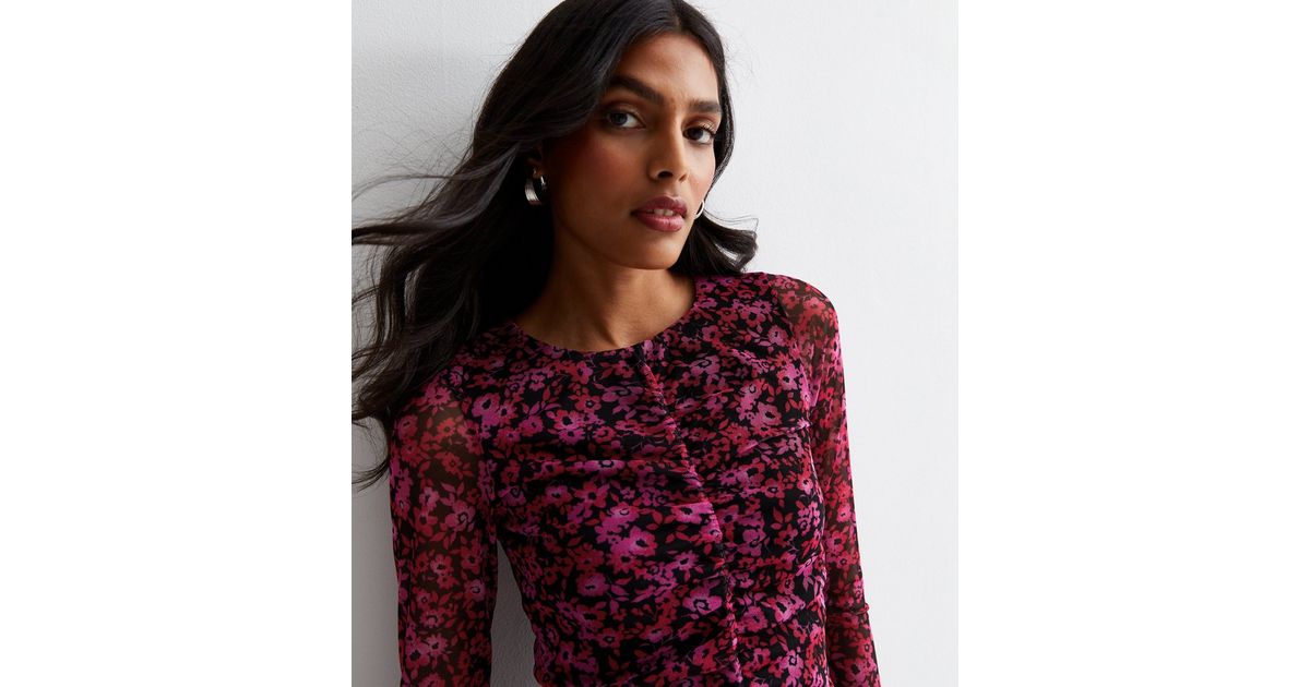 Black Floral Ruched Front Top | New Look