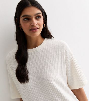 Cream Ribbed Knit T-Shirt | New Look