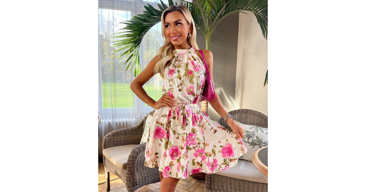 AX Paris Cream Floral Satin Halter Mini Dress | New Look