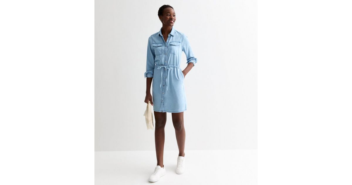 Tall Blue Lightweight Denim Drawstring Mini Shirt Dress | New Look