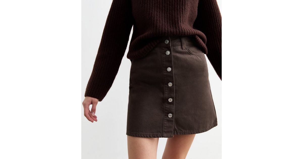 Dark Brown Denim Button Front Mini Skirt New Look