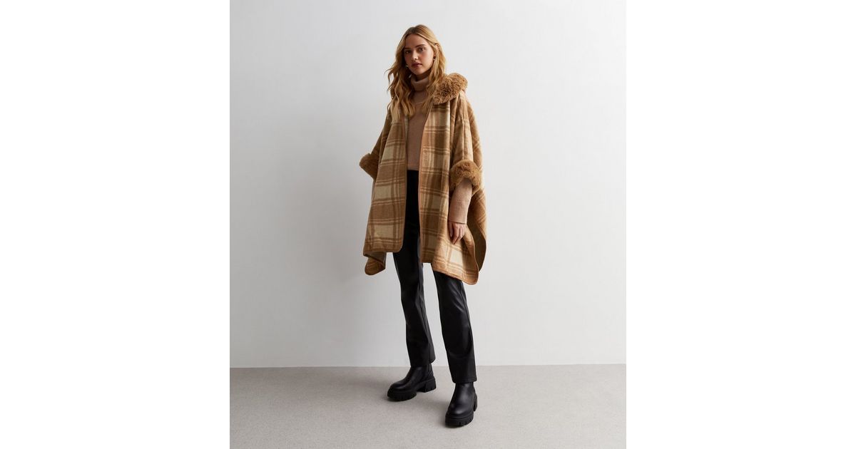 Gini London Camel Check Faux Fur Trim Cape | New Look