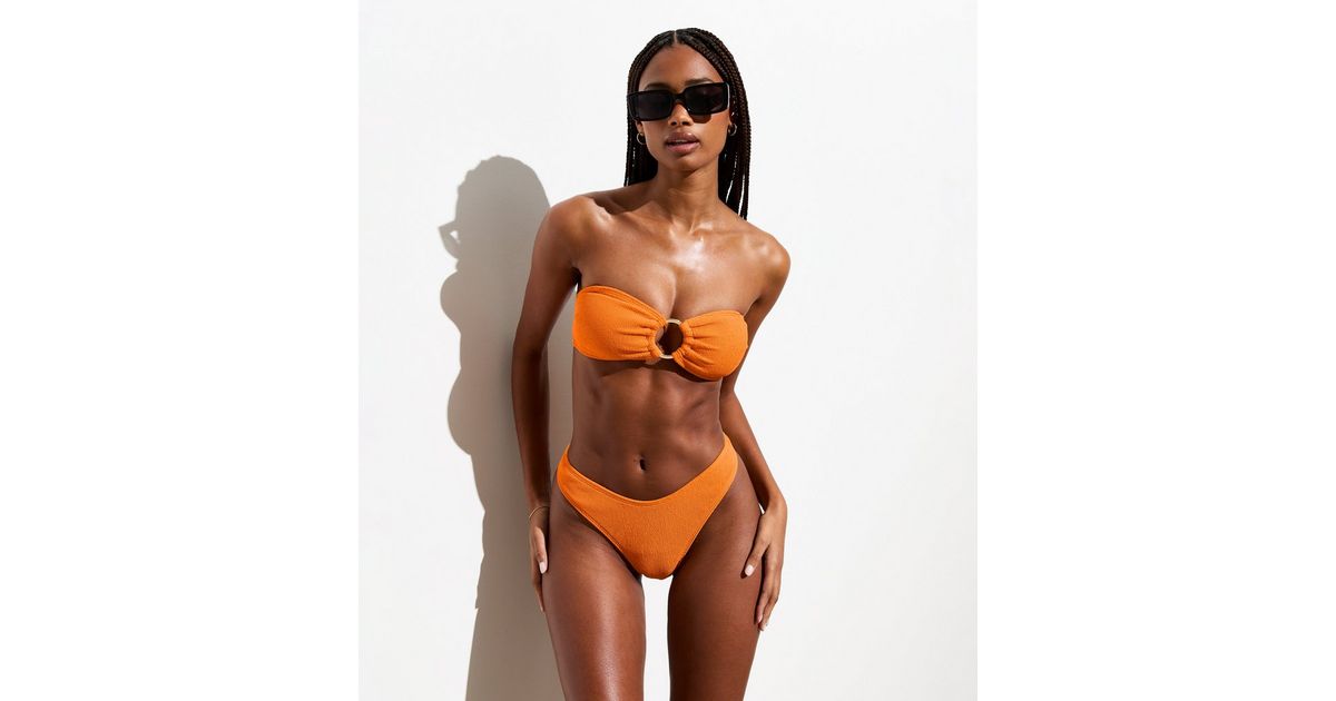 Bright Orange Crinkle Textured Bandeau Bikini Top | New Look