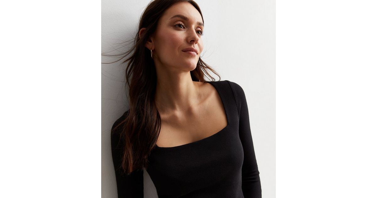 Black Square Neck Long Sleeve Top | New Look