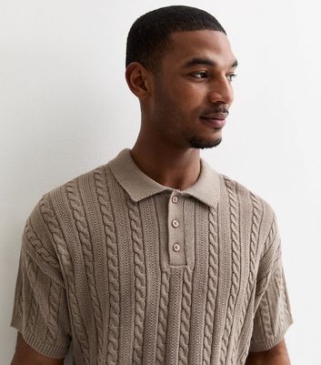 Light Brown Cable Knit Relaxed Fit Short Sleeve Polo Top | New Look