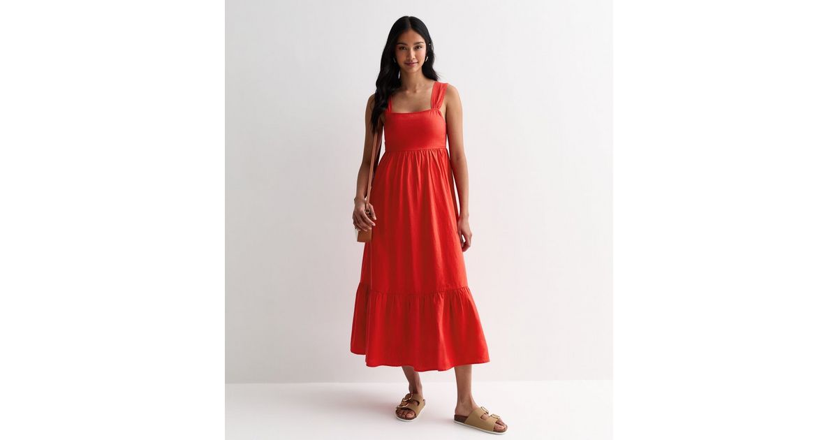 Red Square Neck Back-Tie Midi Dress | New Look