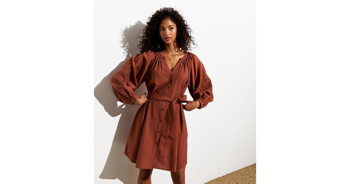 Rust Embroidered Belted Mini Dress | New Look