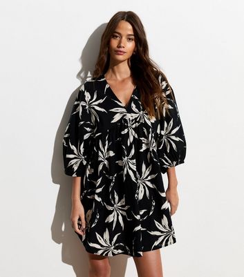 Black Cotton Palm Print Mini Smock Dress New Look