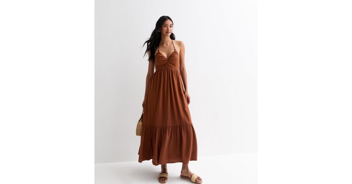 Rust Beaded Strappy Tiered Midi Dress | New Look