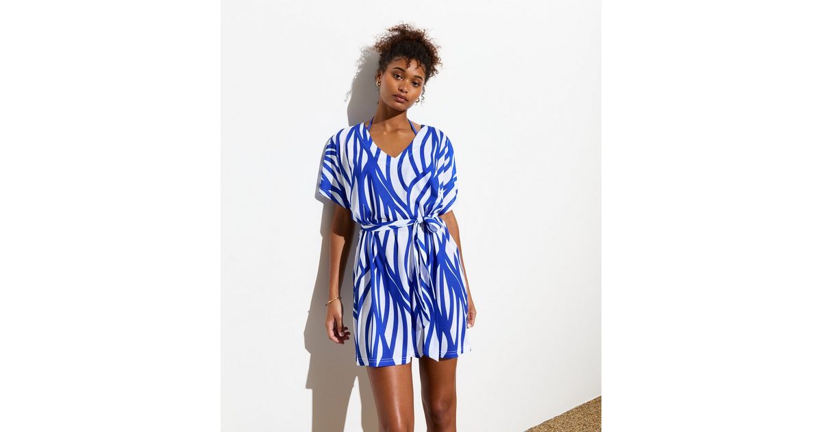 Blue Line-Print Jersey Beach Kaftan Dress | New Look