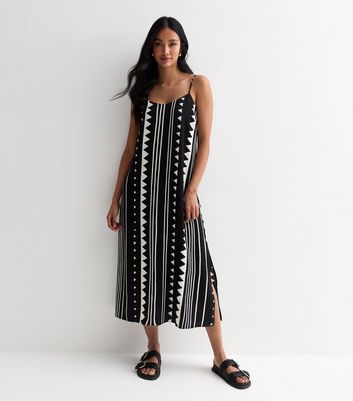 Black Abstract Print Strappy Split Hem Midi Dress | New Look