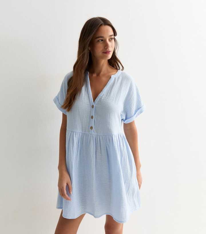 Blue Crinkle Cotton Mini Smock Dress | New Look