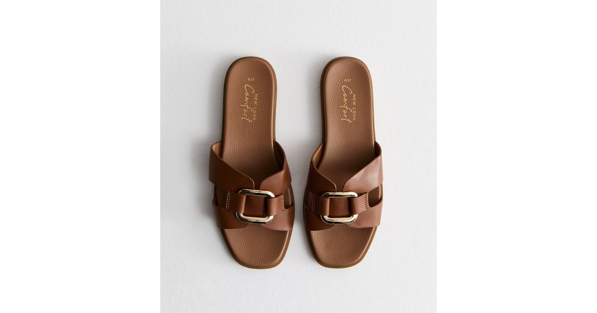 Tan Leather-Look Buckled Sliders | New Look