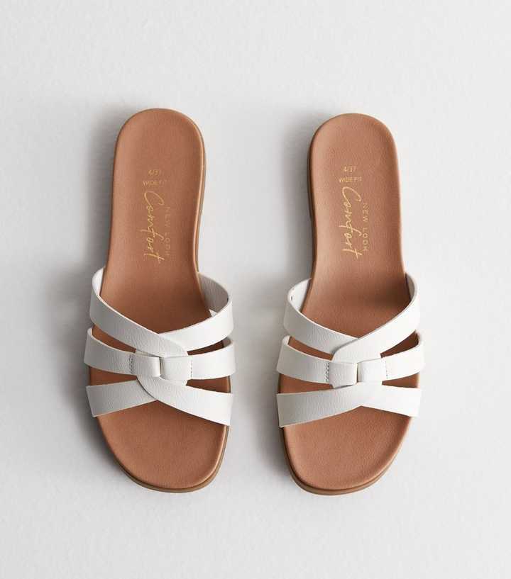 Wide Fit White Leather-Look Sliders | New Look