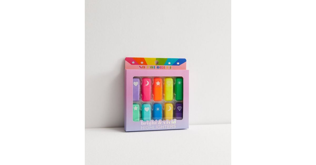 10 Pack Multicoloured Bright Mini Highlighter Pens | New Look