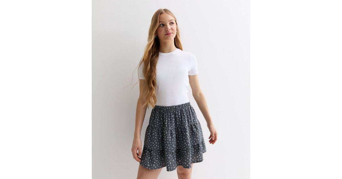 Girls Grey Ditsy Floral Tiered Skort | New Look