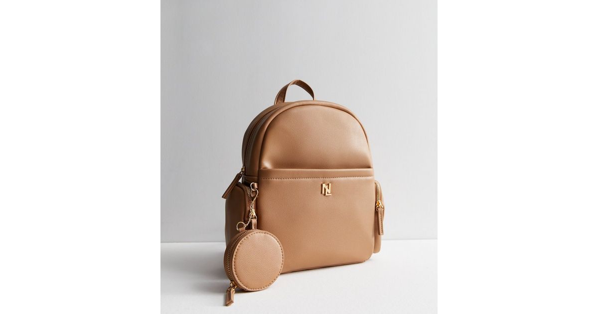 Camel Leather-Look Pocket Front Backpack | New Look