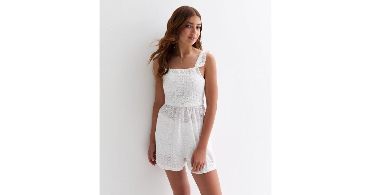 Girls White Frill Trim Broderie Beach Playsuit | New Look