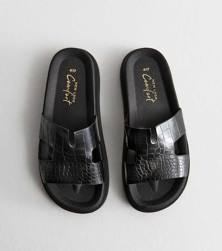 Black Faux Croc Chunky Sliders | New Look