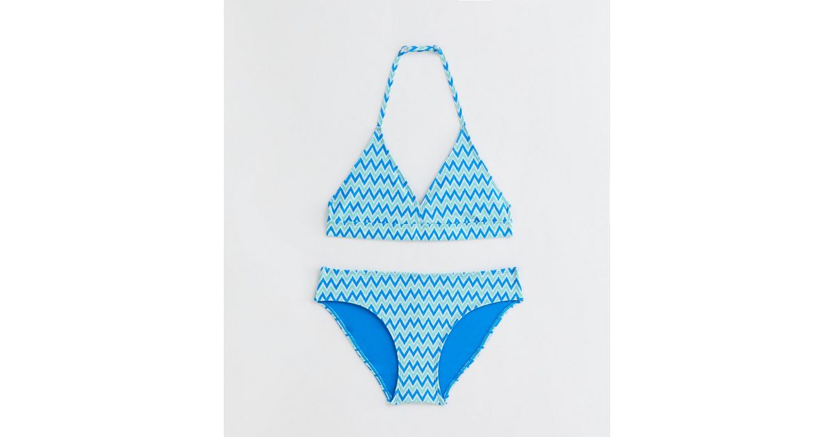 Girls Blue Zig Zag Halter Bikini Set | New Look