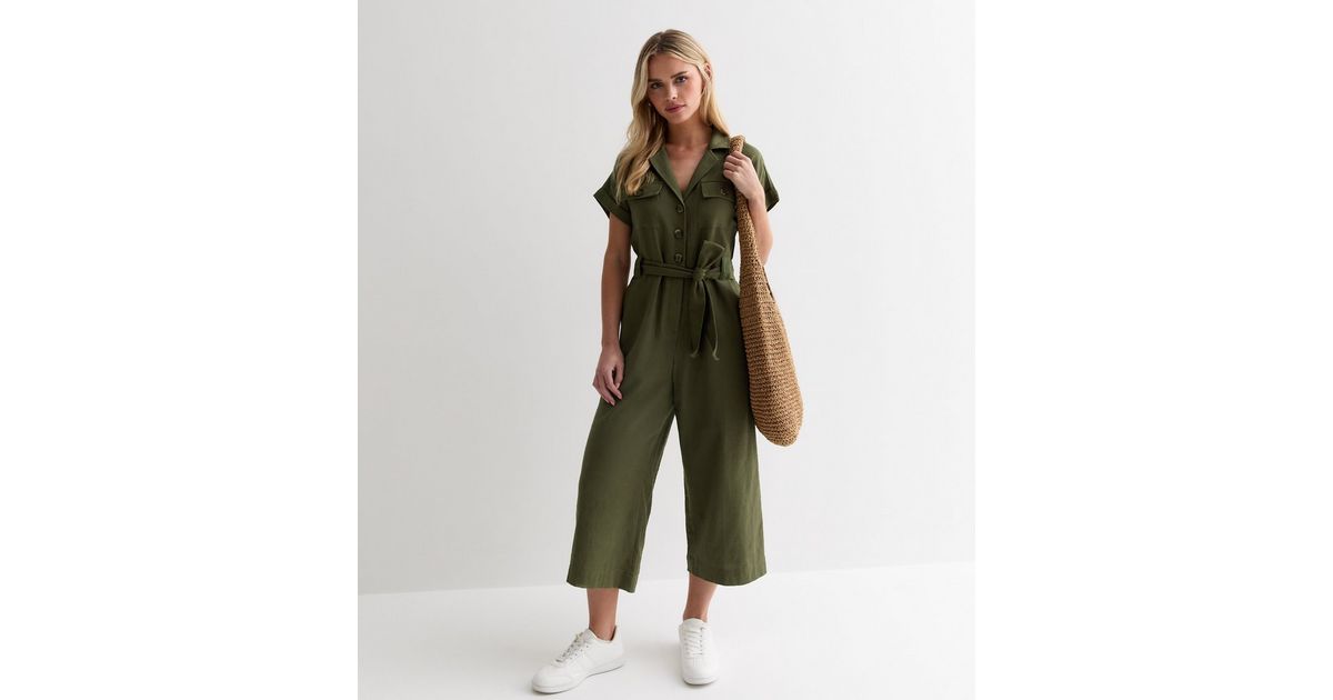 Petite Khaki Cotton Belted Utility Jumpsuit | New Look