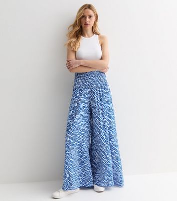 Blue Square Print Shirred Wide Leg Trousers | New Look